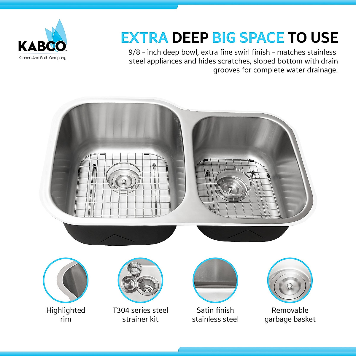 KABCO 32 Inch 18 Gauge Undermount Stainless Steel Classic Kitchen Sink, Rust Resistant, Sound and Heatproof, Double Unequal Bowl Swirl Finish Sink with Sink Strainers, Garbage Baskets and Sink Grids