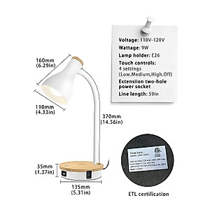 Metal Desk Lamp Wireless Charging Table Lamp Touch Reading Lights Arc Desk Lamps for Bedroom, 3 Way Dimmable Bedside Lamp with USB Charging Ports Lamp for Study Room and Office (White)