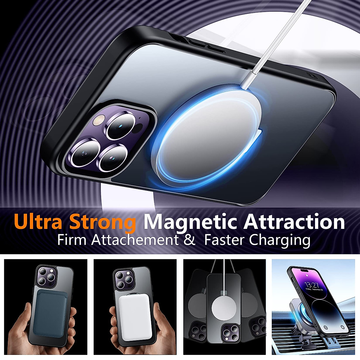SPIDERCASE Magnetic for iPhone 14 Pro Max Phone Case,Built-in Invisible Stand [Compatible for Magsafe] Military Grade Shockproof [2 Pack Tempered Glass Screen Protector] Translucent Matte Case,Black