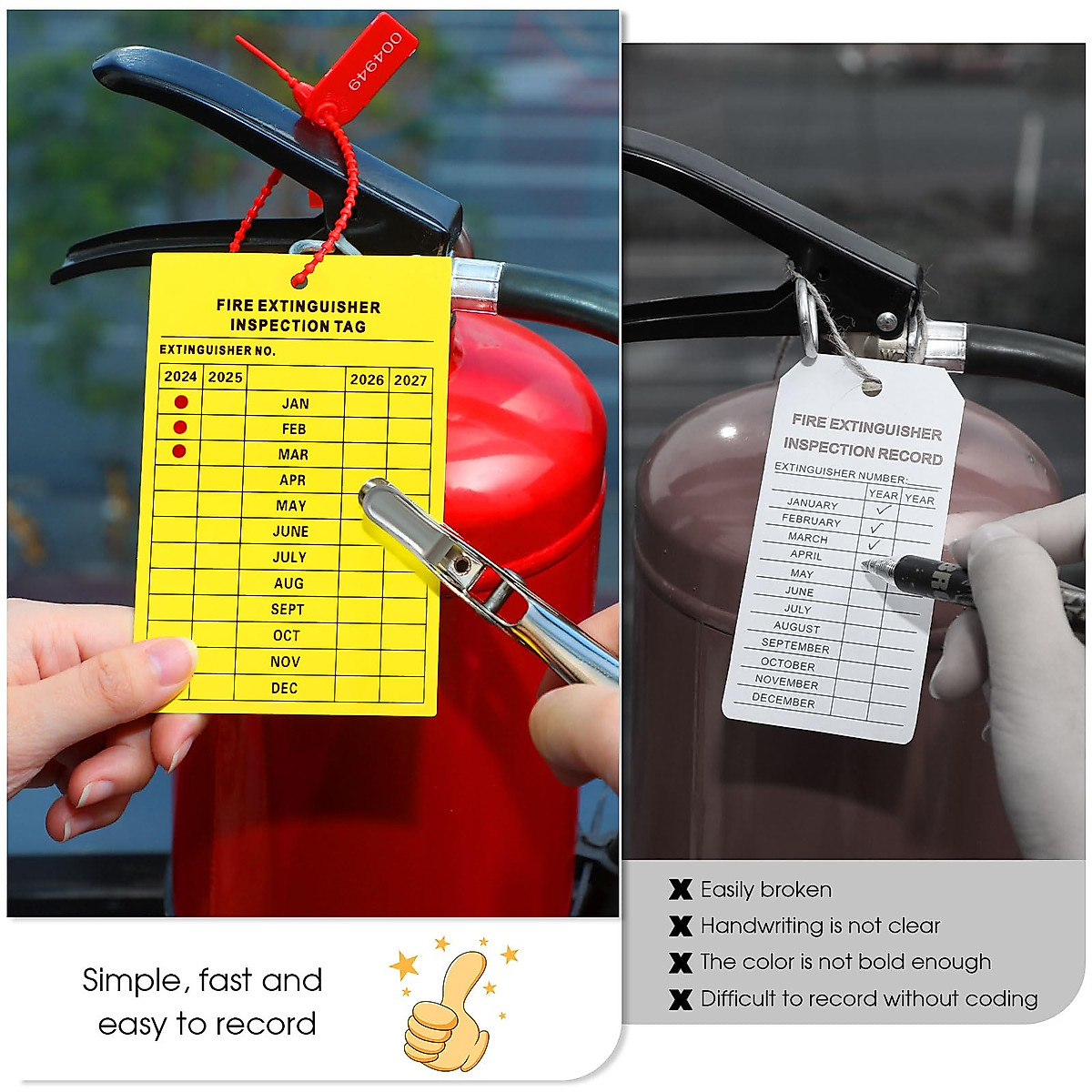 Chunful 101 Pieces Monthly Fire Extinguisher Inspection Tags 2024 Maintenance Tags and Plastic Tamper Seals Numbered Security Tags with Handheld Hole Puncher(Red, Yellow, 5 x 3.3 Inch)