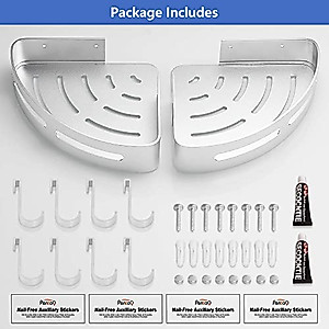pentaQ 2 Pack Corner Shower Shelves with 8 Removable Hooks, No Drilling Adhesive Wall Mounted Aluminum Bathroom Shelf, Corner Shower Caddy Shelf Basket Shampoo Holder Organizer