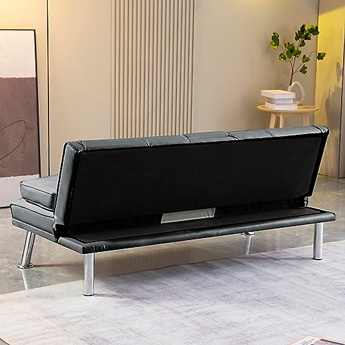 YUNLife Twin Size PU Upholstered Modern Convertible Folding Futon Loveseat Sofa Sleeper Bed 2 Seaters Recliner Couch with Cup Holders for Compact Living Space, Apartment, Dorm w/3 Adjustable Angles