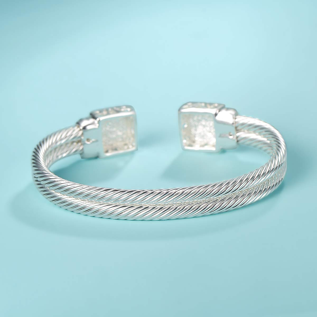 UNY Designer inspired jewelry double cable Wire Square CZ Antique Bangle Elegant Beautiful (White)