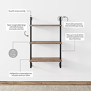 Nathan James Theo 3-Shelf Small Bookcase, Floating Wall Mount Bookshelf with Wood and Industrial Pipe/Metal Frame, Rustic Oak/Matte Black