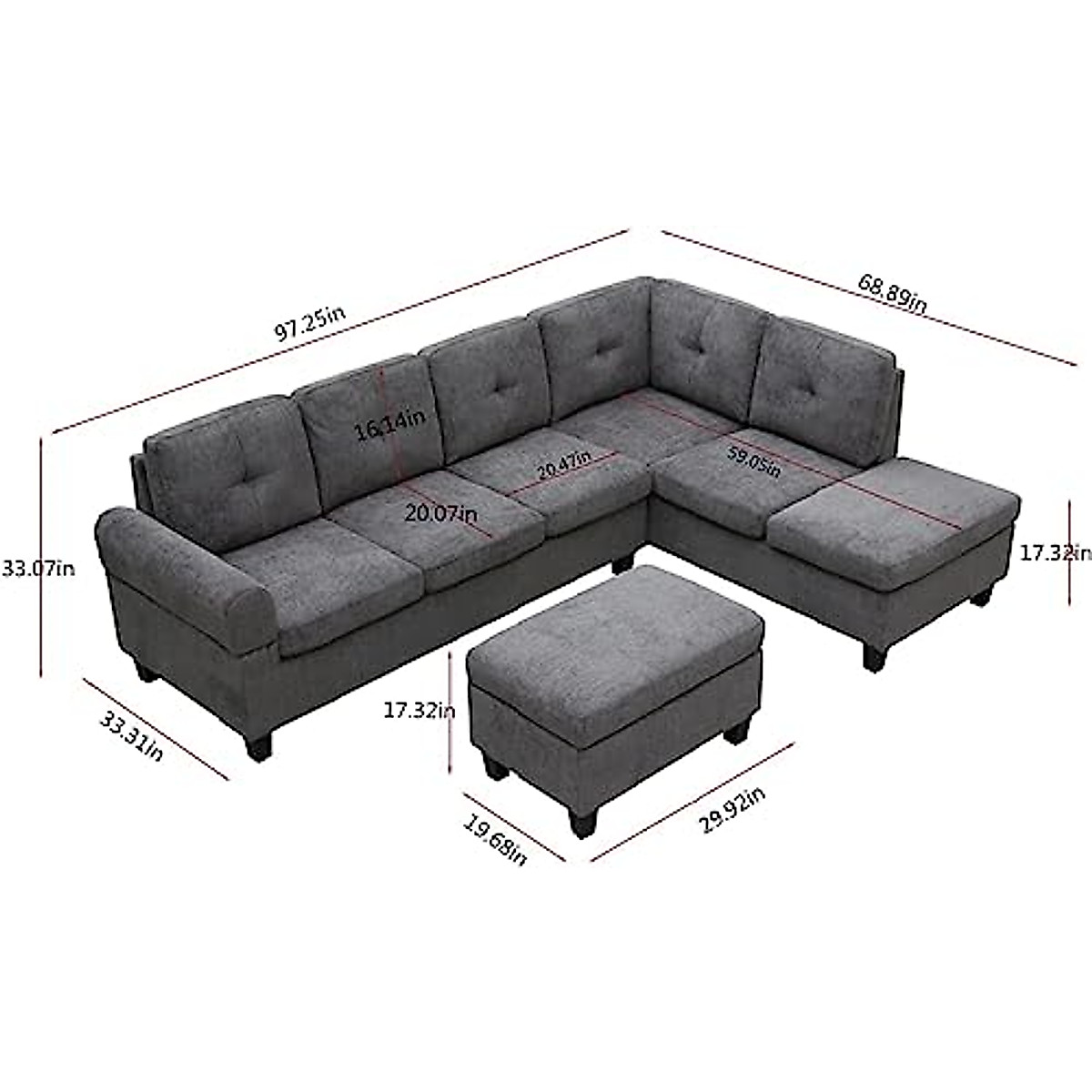 EMKK L-Shape Sofa Couch with Chaise Lounge,Modern Upholstery Sectional Sofá with Storage Ottoman for Living Room Furniture Set, Apartment and Large Space, Black