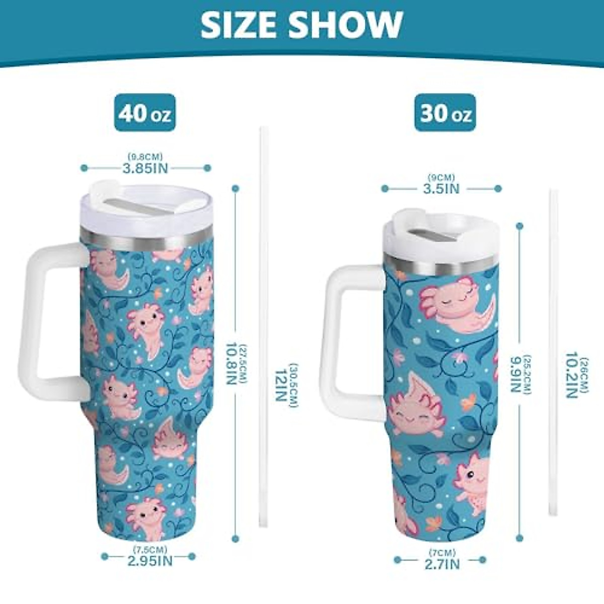Slewiaeky Tumbler with Handle 40 oz Cute Axolotls Ocean Travel Mug with Lid and Straw Stainless Steel Vacuum Insulated Water Bottle Cup for Iced Tea Coffee Cold Beverages Cup Holder Friendly