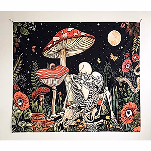 FEFURS Mushroom Skull Floral Tapestry,Skeleton Floral Tapestries Moon Garden Tapestry Mushroom Plants Tapestry Wall Hanging Wall Tapestry for Bedroom aesthetic (29x38 Inches)