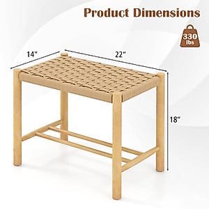 COSTWAY Patio Wooden Dining Stools Set of 2, 22-inch Wide Rustic Backless Saddle Stools with Rubber Wood Frame and Woven Paper Seat, 18-inch Height Outdoor/Indoor Counter Stools for Backyard Kitchen