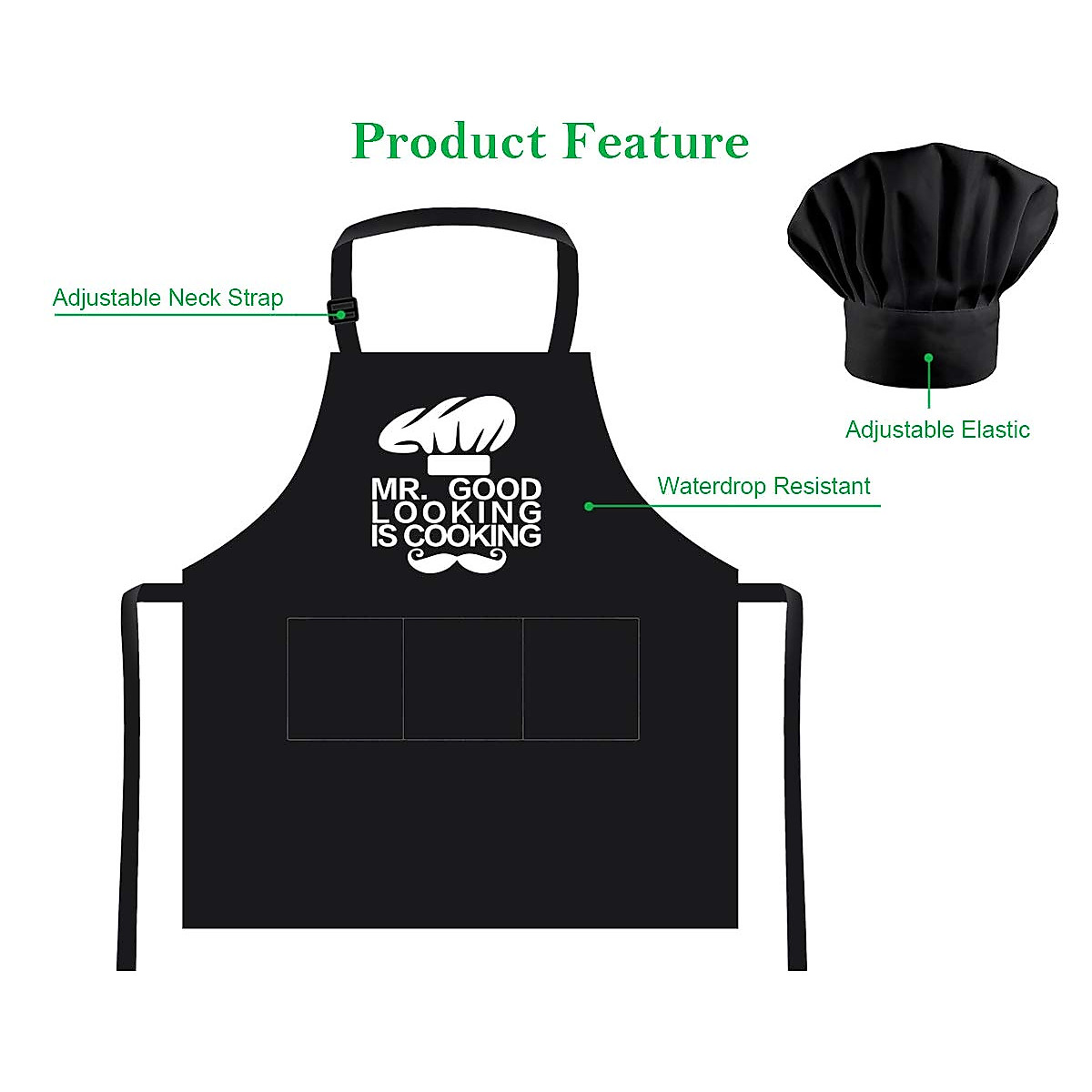 Funny Cooking Apron and Chef Hat Set for Men - Adjustable Bib Chef Apron for Men with 3 Pockets - BBQ Grill Apron for A Husband, Dad, Son, Grandfather Boyfriend Or Any Friend - Mr. Good...