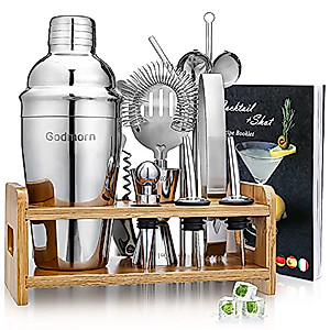Cocktail Shaker Set Bartender Kit, Godmorn 15Pcs Bartender Shaker Set, 304 Stainless Steel Martini Shaker and Strainer, 550ml /19OZ Bar Tool Set With Bamboo Stand, Recipe Book, For Home And Bar