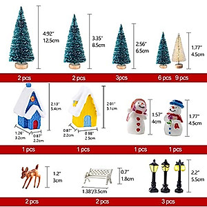 PLULON 33Pcs Mini Christmas Village Accessories, Christmas Trees Bottle Brush Trees with Miniature Christmas Ornaments Snowman, Mini Garden Street Lamps, Deer for Winter Holiday Village Decorations