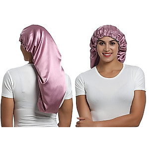 SAYMRE Satin Bonnet Silky Sleep Cap,Adjustable Hair Bonnet for Braids Curly Hair (Long Size, Long Champagne)