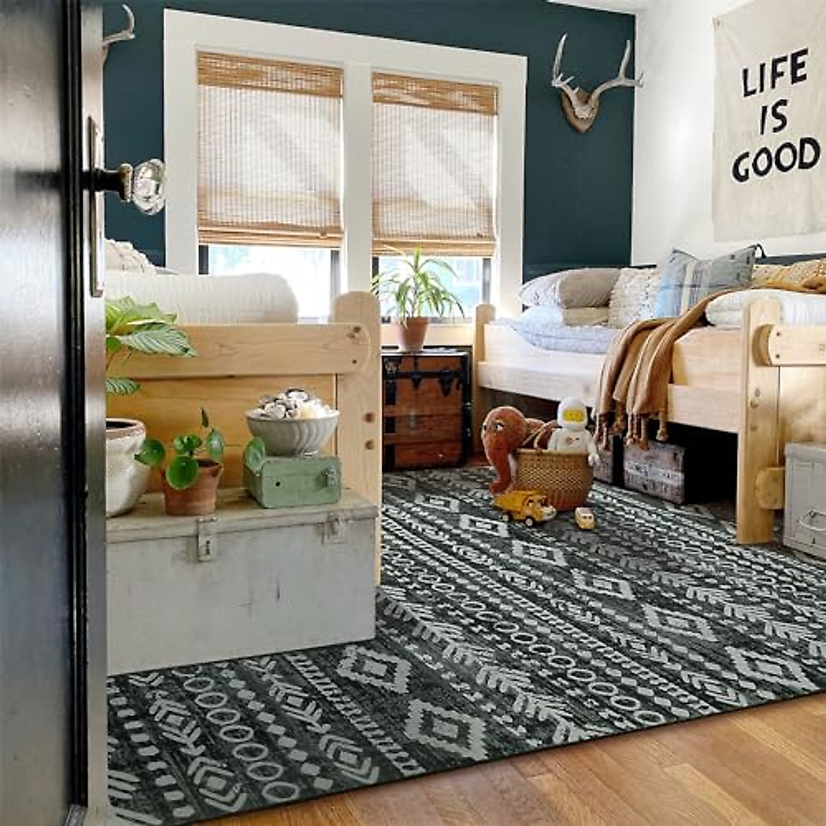 Lahome Boho Moroccan 8x10 Area Rugs, Ultra-Thin Soft Black White Rugs for Living Room Washable, Non-Shed Tribal Print Large Indoor Carpet Stain Resistance for Bedroom Playroom Nursery