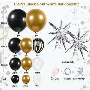 134Pcs Black White And Gold Balloons Arch Luxurious Retirement Metallic Golden Balloon Garland Set Decor Kit For Roaring 20s, New Year's, Birthdays, Graduations & Themed Celebrations