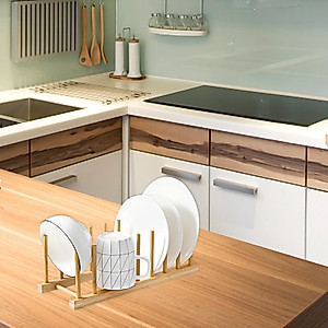 MOAMUN 2 Pack Bamboo Dish Drying Rack Plate Rack Stand Pot Lid Holder Cabinet Dish Organizer Rack Drainer Storage Holder for Dish Bowl, Cup, Cutting Board and More