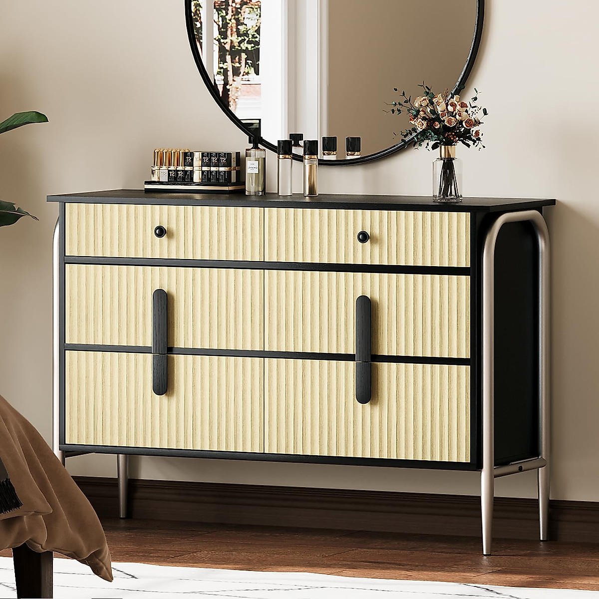 Jiansu furni 6 Drawer Dresser,Modern Dresser with Storage,Chest of Drawers with Wooden Handle,Fluted Dresser TV Stand,Metal Leg Design,Wood Drawer Organizer for Bedroom,Living Room (Black+Oak)