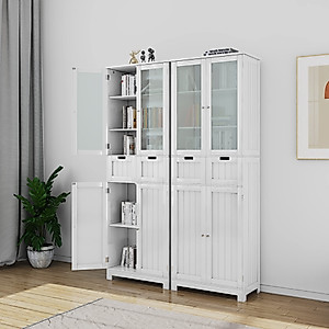 Squireewo Freestanding Bathroom Storage Cabinet with Doors and Drawers, Kitchen Pantry Storage Cabinet with Adjustable Shelf for Kitchen, Bathroom, White