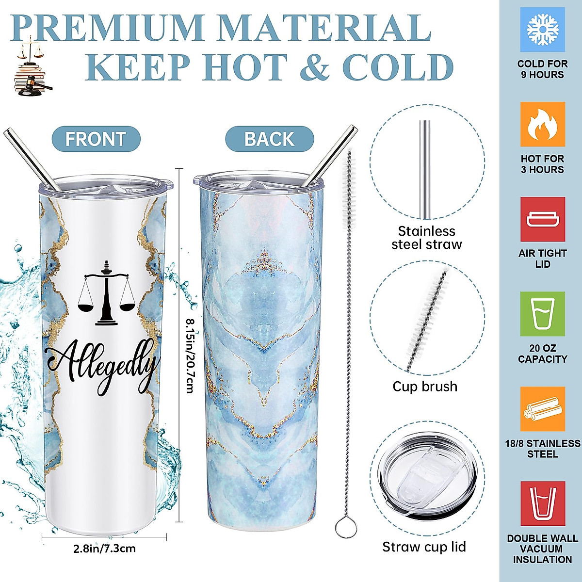Domensi 6 Pcs Funny Allegedly Lawyer Gifts Judge Gift Lawyer Appreciation Day Gift 20 oz Marble Sign Tumbler Makeup Bag Notepad Ballpoints for Law Paralegal School College Teacher(Blue)