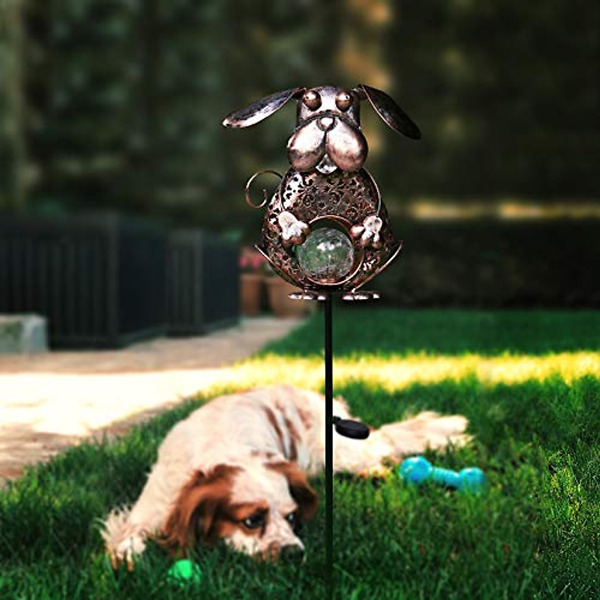 KAIXOXIN Garden Solar Lights Metal Dog Crackle Glass Globe Stake Lights,Waterproof Warm White LED Solar Path Lights (Dog-Bronze)