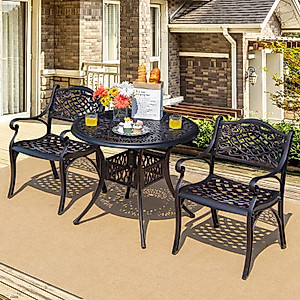 Tangkula 3 Pieces Cast Aluminum Patio Bistro Set, Outdoor Bistro Table Set with Umbrella Hole, Outdoor Patio Table and Chairs Furniture for Porch and Balcony