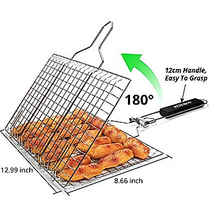 Fish Grilling Basket, Folding Portable Stainless Steel BBQ Grill Basket for Fish Vegetables Shrimp with Removable Handle, Come with Basting Brush and Storage Bag (01)