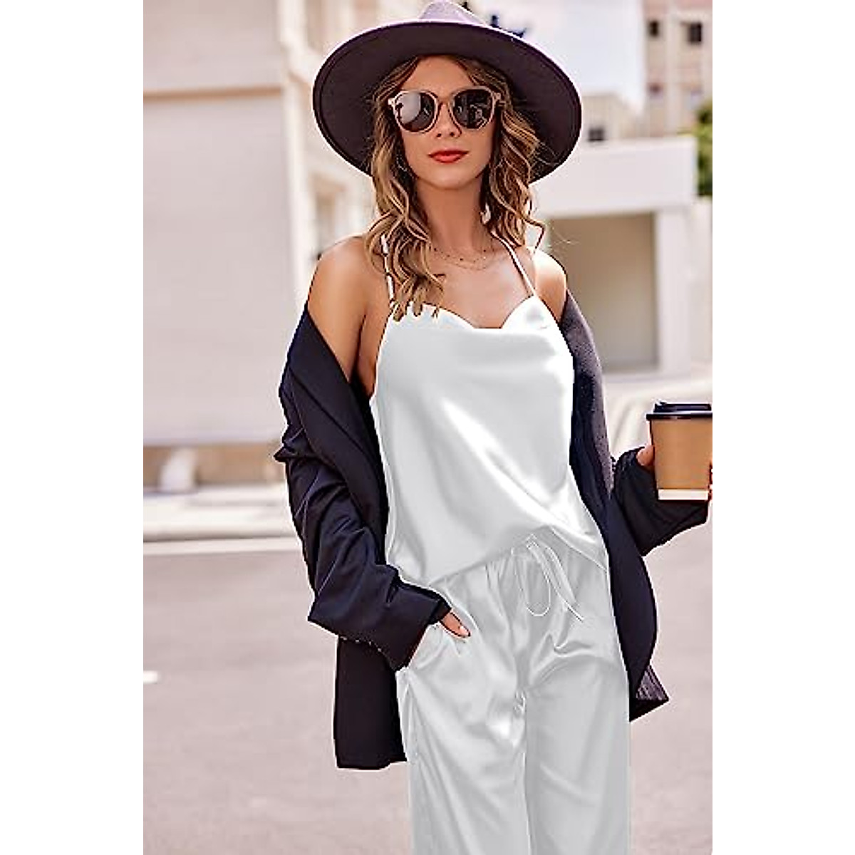 Ekouaer Satin Pjs for Women Set Comfy Cami Lounge Set Cowl Neck Silk Top Wide Leg Long Pants Set Summer Outfits White,Small