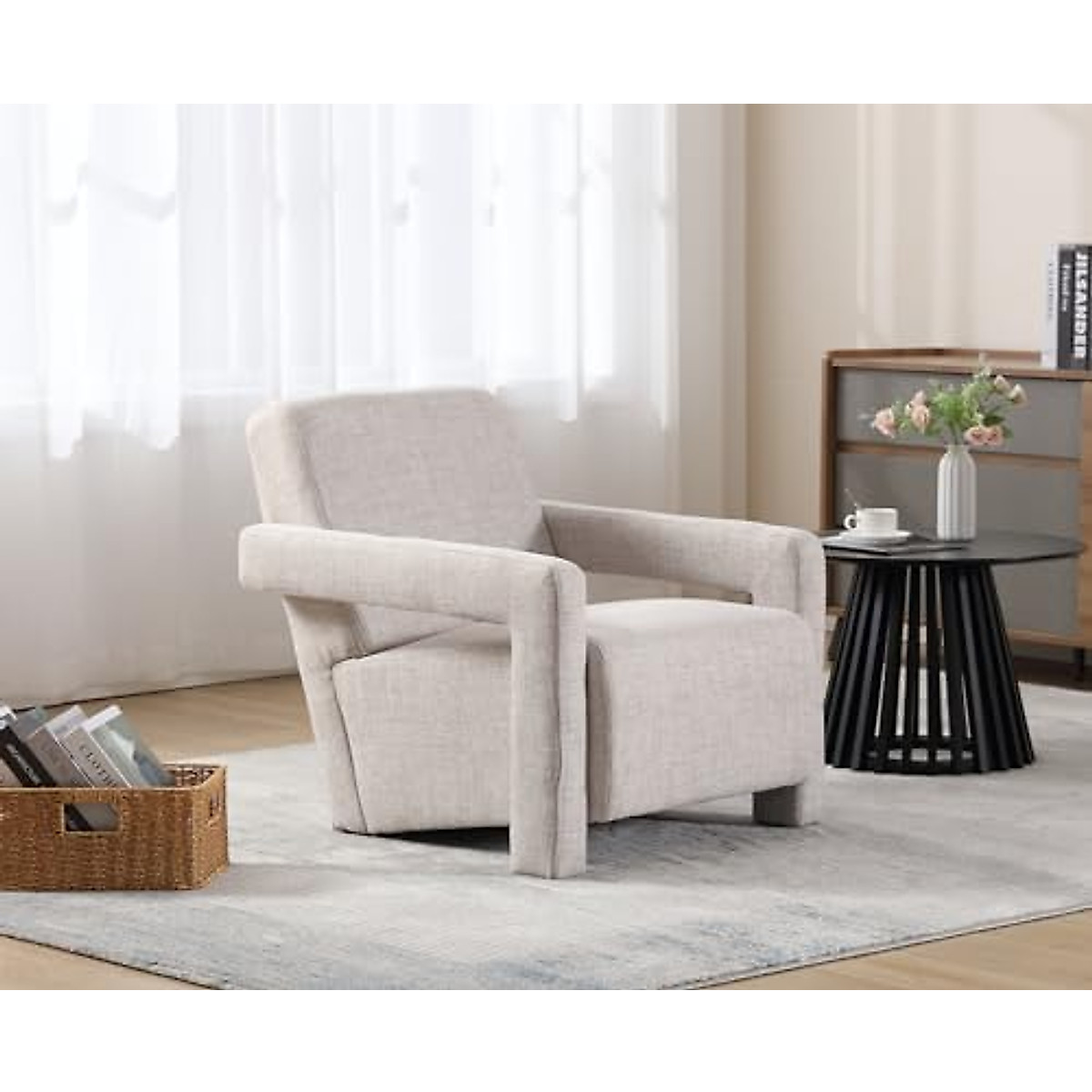 Kmax Modern Accent Chair Linen Fabric Leisure Chair Comfy Single Sofa Reading Chair with Hollow Arms for Living Room, Bedroom, Apartment, Club, Beige