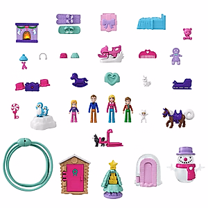 Polly Pocket Advent Calendar with Winter Family Fun Theme & 25 Days of Surprises (34 Total Play Pieces) to Discover: Pocket Family Dolls, Snow Play Vehicles, Toy Treats, Wearable Jewelry & More