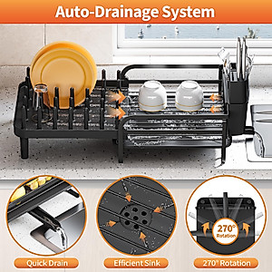 Urackify Extendable Dish Drying Rack for Kitchen Counter, Expandable Dish Rack with Plates, Glasses, Mugs, Drainboard, Pans & Pots Holder, Multifunctional Dish Dryer Drainer with 360° Swivel Spout