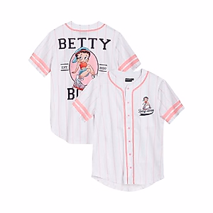 Betty Boop Women's Baseball Jersey - Vintage Novelty Button Down Uniform Top - Retro Jersey T-Shirt for Women (S-XL), Size Medium, Betty Boop White