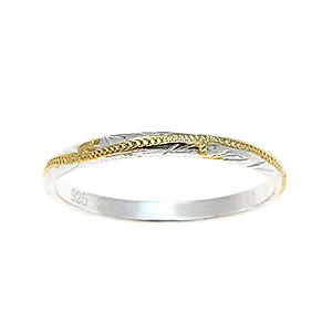 Arthur's Jewelry Sterling silver 925 2 tone yellow gold plated 2mm Hawaiian scroll hand engraved ring band size 2