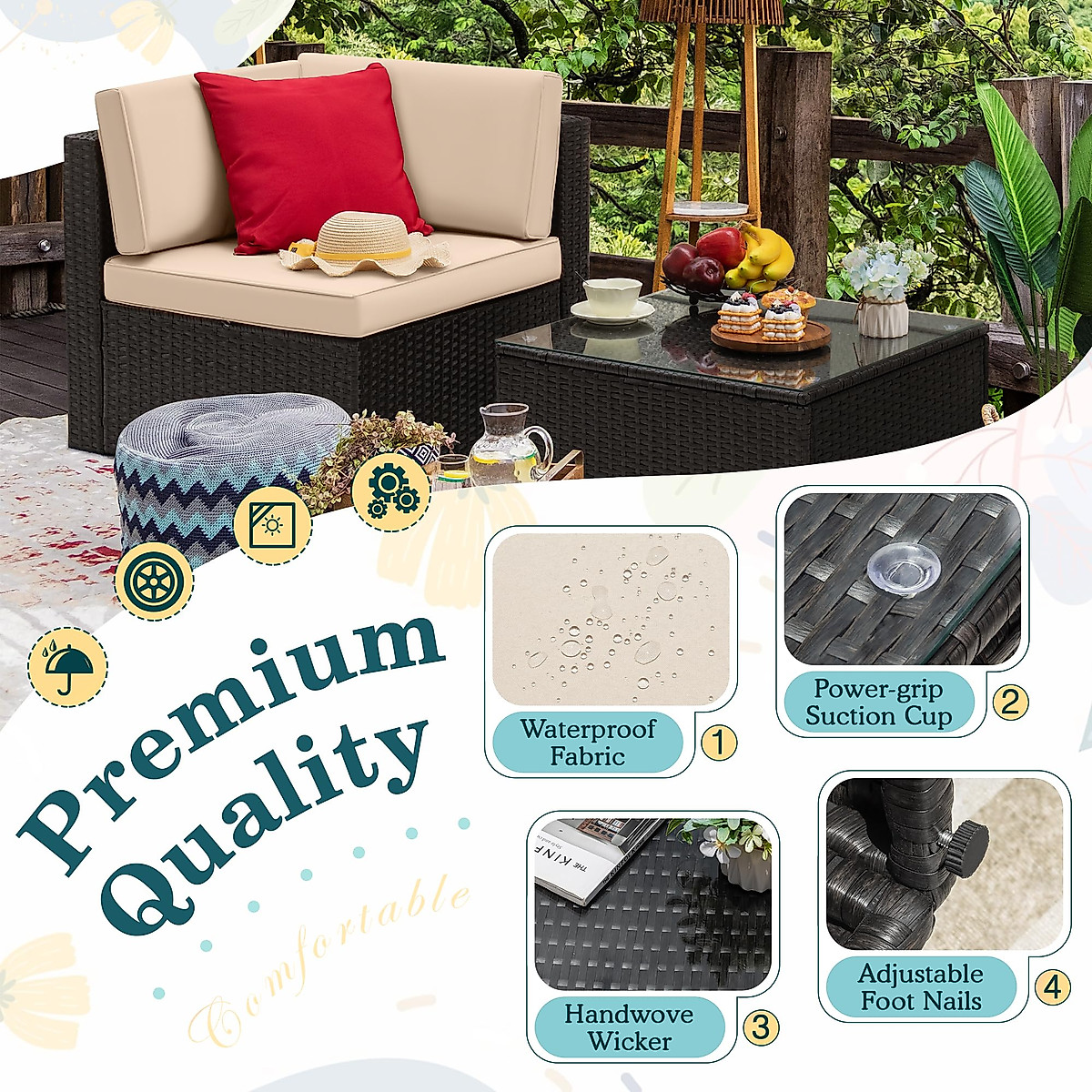 Devoko 2 Piece Patio Furniture Set, All Weather PE Rattan Outdoor Sofa Set Single Sofa with Table for Garden Lawn Poolside (2 Piece, Beige)