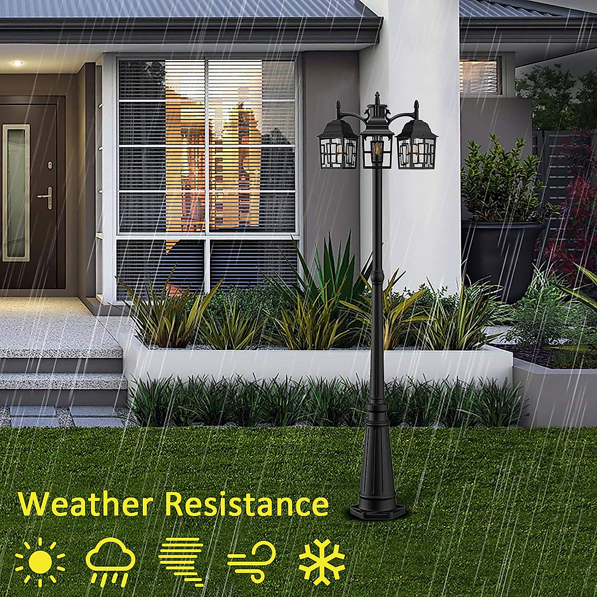 Ralbay Dusk to Dawn Sensor Outdoor Post Light, 3 Light lamp Post Street Light, Matte Black Outdoor Post Lighting Waterproof Pole Lights, 76.77" Outside Lamp Post Light for Backyard Garden