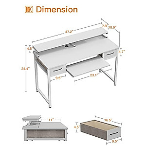 ODK Computer Desk with Keyboard Tray, 47 inch Office Desk with Drawers, Writing Desk with Monitor Shelf and Storage, Work Desk for Home Office/Bedroom, White