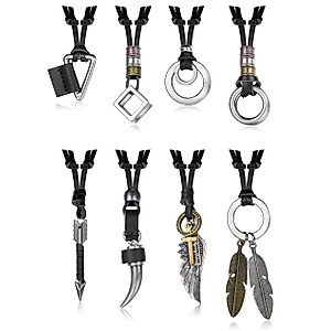 FASACCO 8 Pcs Black Leather Necklace for Men Women Brown Black Leather Cord Necklace Tribal Arrow Wolf Tooth Feather Pendant Statement Necklace for Men Women