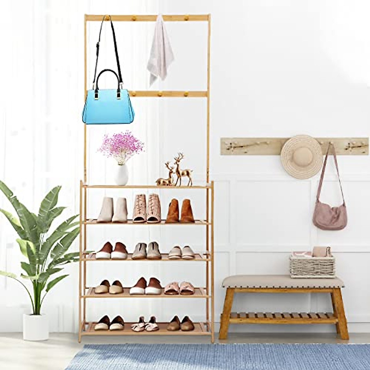 Gdrasuya10 Entryway Coat Rack Shoe Storage Shelf, 5-Tier Freestanding Hall Tree Shoe Rack with 10 Hooks for Entrance Foyer Mudroom Holds 15 Pairs of Shoes