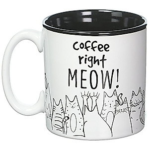 BnB Cat Lovers Mug Coffee Right Meow Funny Message Novelty Ceramic Cup for Java, Hot Tea or Hot Chocolate 13 oz 3.75 in H x 5 in W x 3.5 in D, Black and White with Feline Animated drawings, One in box