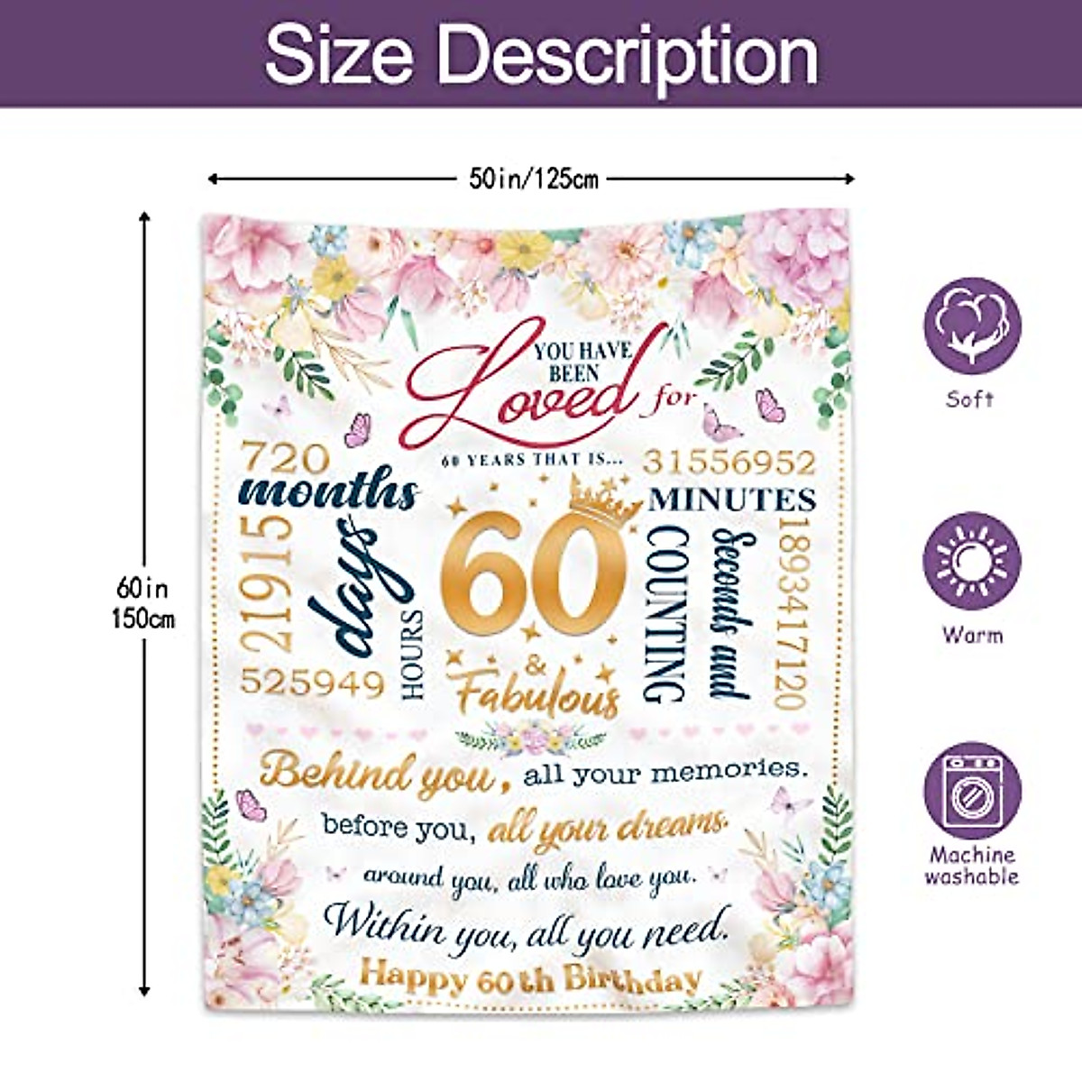 Ruvinzo 60th Birthday Gifts for Women, 60 Year Old Gifts for Women, 60 Birthday Gifts Blanket 60” x 50” for Women, 60th Birthday Decorations Women, Gifts Idea for 60 Year Old Woman, Cheers to 60 Years