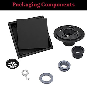 Fibetter 6 Inch Tile Insert Square Shower Drain with Flange Base, 2 in 1 SUS 304 Stainless Steel Shower Drain - Matte Black