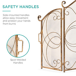 Best Choice Products 3-Panel 55x33in Solid Wrought Iron See-Through Metal Fireplace Screen, Spark Guard Safety Protector w/Decorative Scroll - Gold