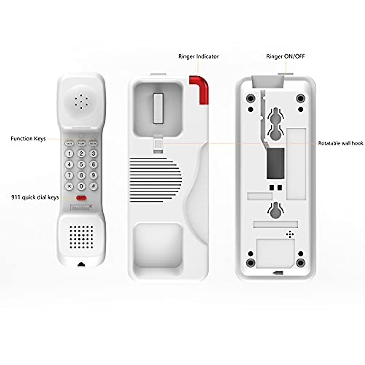 Ornin T108 Trimline Corded Telephone, SOS Key, Wall Mountable, Hotel and Home use Phone(White)
