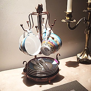 Creation Core Vintage Bronze Iron Coffee Cup Holder Storage Premium Rustic Tea Mug and Saucer Display Rack Holds 6 Cups