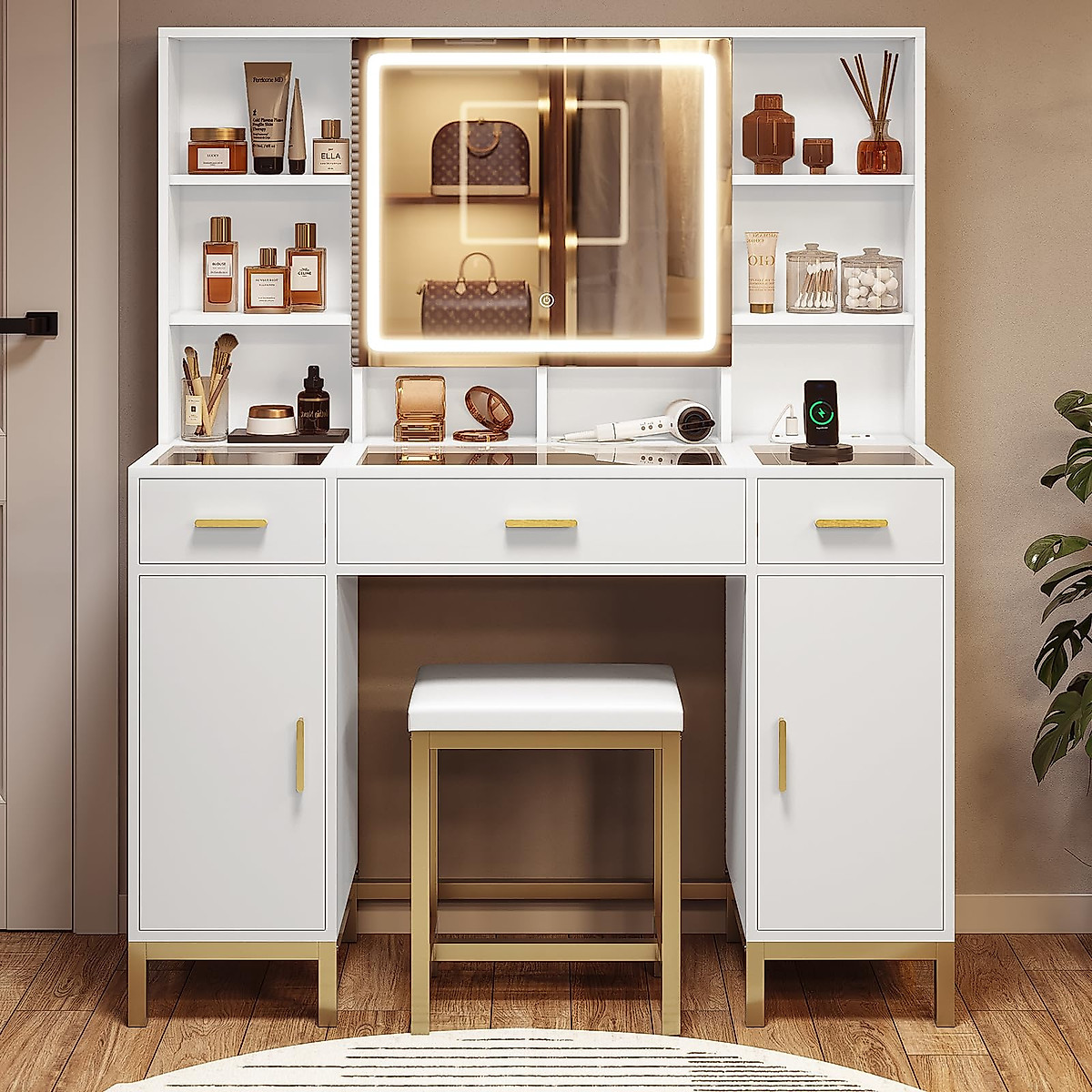 AOGLLATI Makeup Vanity Desk with Lights, Vanity Desk with Mirror and Lights, White Vanity Set with Charging Station,Big Glass Desktop, Hidden and Open Storage Shelves