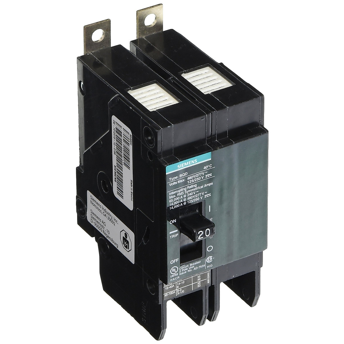 Siemens BQD220 20-Amp Double Pole 480Y/277V AC - 125/250V DC 14KAIC Bolt in Breaker