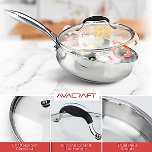 AVACRAFT 18/10 8 Inch Stainless Steel Frying Pan with Lid, Side Spouts, Induction Pan, Versatile Stainless Steel Skillet, Fry Pan in our Pots and Pans (Stainless Steel, 8 Inch)