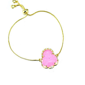 COLORFUL BLING Natural Jade Stone Laughing Buddha Link Bracelet Pendant 18K Gold Plated Cubic Zirconia Crystal Adjustable Lucky Gemstone Amulet Protection Jewelry for Women Men-Pink
