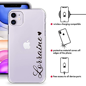 CasesByLorraine Compatible with iPhone 11 6.1" Case, Personalized Custom Name Text with Heart Clear Transparent Case Flexible TPU Soft Gel Protective Cover for iPhone 11 6.1 inch (2019)