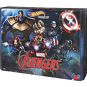 Hot Wheels Marvel Toy Character Car 5-Pack in 1:64 Scale: Captain America, Black Panther, Black Widow, Iron Man & Thanos
