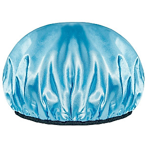 Aquior Shower Cap,Extra Large Triple Layer Bathing Cap with Dry Hair Function for Women Microfiber Terry Cloth Silky Satin 100% Waterproof Reusable Long Hair Bath Caps (Blue)