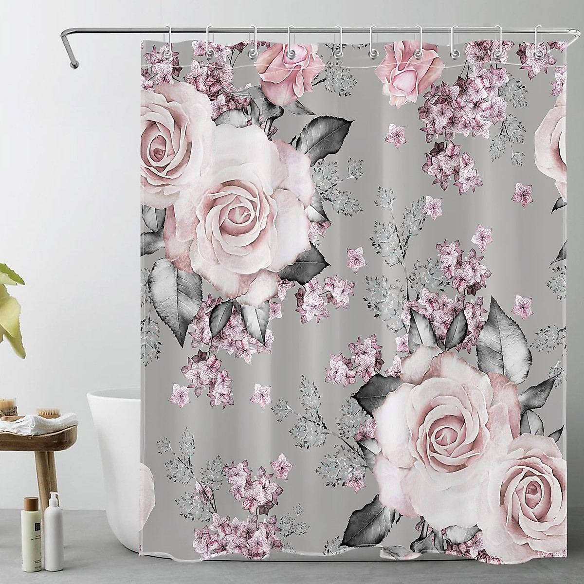 LB Pink Peony Floral Shower Curtain for Bathroom, Farmhouse Wildflower with Grey Leaf Fabric Shower Curtain with Hooks, Country Nature Plant Bathroom Curtain Shower Set, 60" W x 72" L